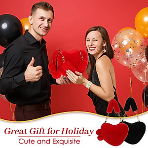 Saintrygo 2 Pcs Valentines Day Furry Purse Heart Shaped Purse Women Soft Fluffy Faux Fur Handbag Gift for Christmas(Red, Black)