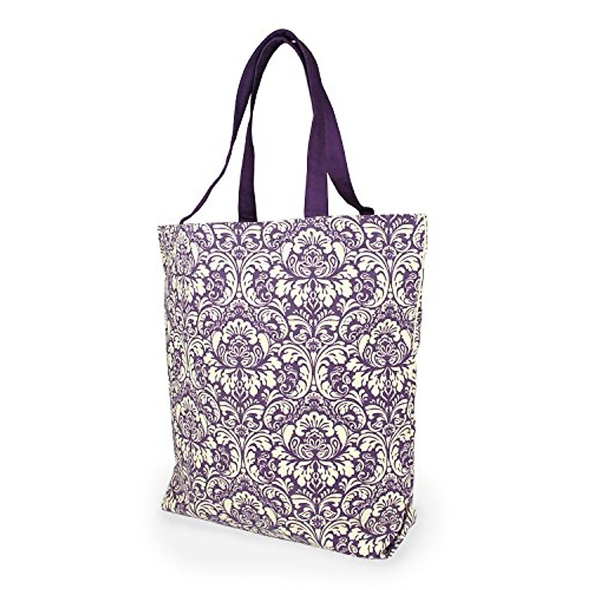 DII CAMZ33546 100% Cotton, Machine Washable Heavy Duty Canvas Reusable Shopping Tote Bag, Natural and Eggplant Damask, Set of 3