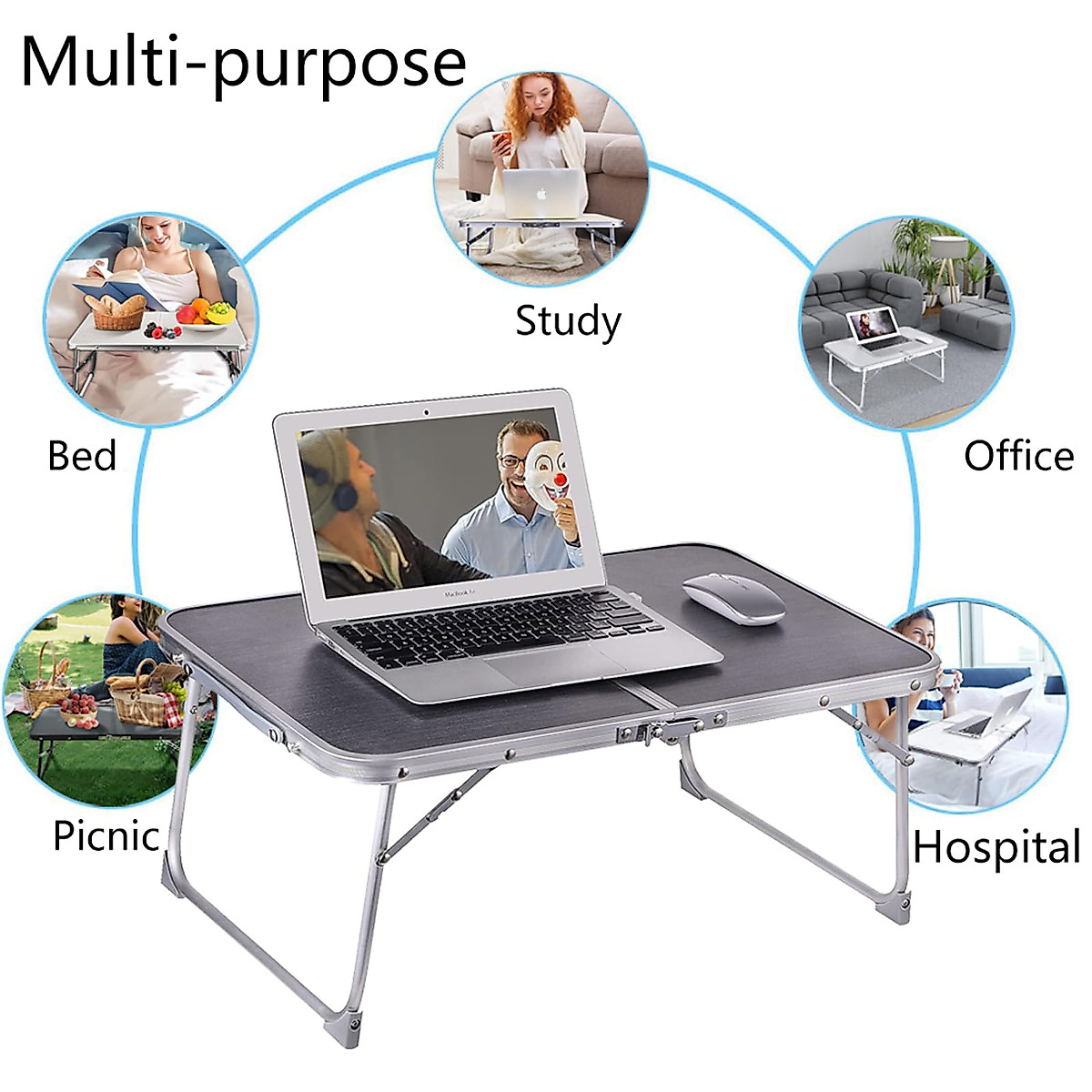 Foldable Laptop Table, Bed Table for Study and Reading, Lap Desk Table, Breakfast Tray Table, Portable Mini Picnic Table, Folds in Half with Inner Storage Space