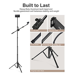 elitehood iPad Stand & Boom Mic Stand, Height Adjustable iPad Microphone Holder Stand, Tablet Microphone Tripod Stand for Singing, Compatible with iPad Pro Air Mini and 4-12.9’’ Phones & Tablets
