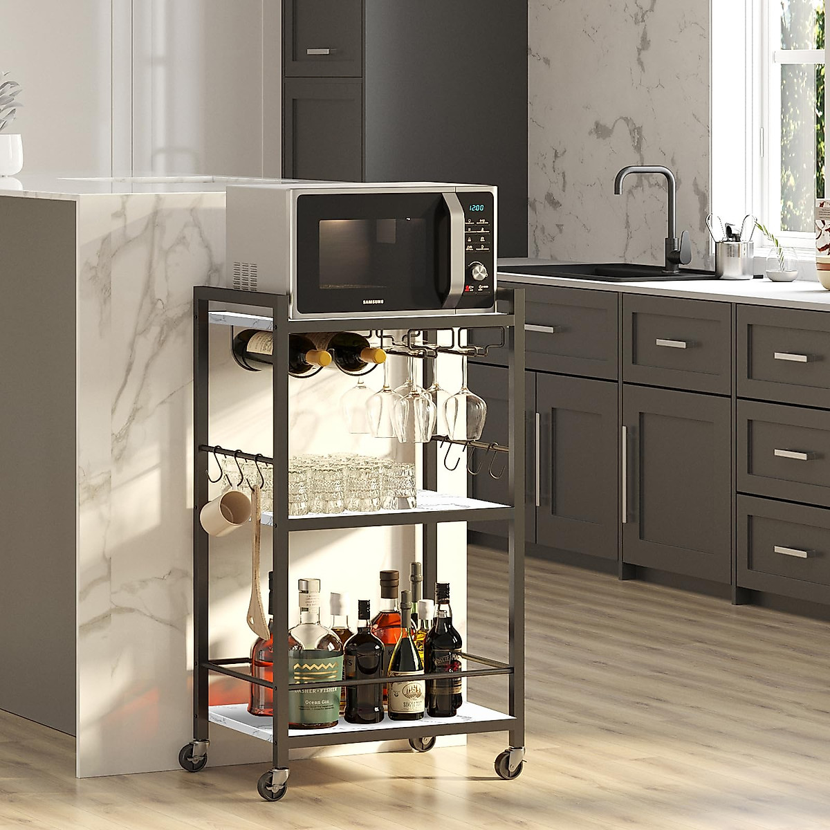 TUTOTAK Bar Cart, Home Bar Serving Cart, Microwave Cart, Drink Cart, Mobile Kitchen Shelf with Wine Rack and Glass Holder, Rolling Beverage Cart for Living Room, Kitchen BC01BM032