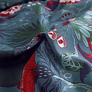 CoutureBridal Green Floral Duvet Cover Set King 3 Pieces Soft Microfiber Bedding Duvet Cover with Pink Flower Leaves Bird Pattern Reversible Striped Bedding Set Zipper Ties