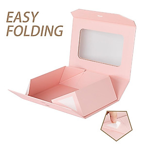 PLINJOY Pink Gift Box for Presents with Ribbon 10.8x7.5x3.5 Inches Clear Gift Box with Window Magnetic Closure Gift Boxes with Lids