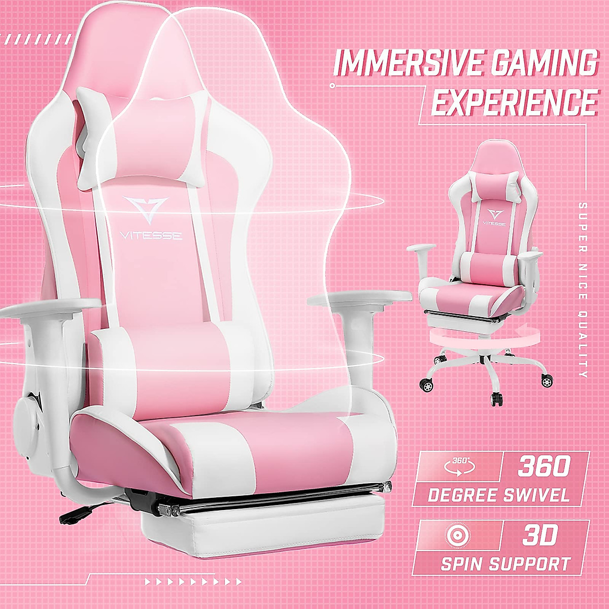 VITESSE Pink Gaming Chair with Footrest Cute Kawaii Gaming Chair for Girl Gamer Chair Ergonomic Office Desk Chair Racing Chair Adjustable High Back Chair with Lumbar Support and Headrest,Pink/White