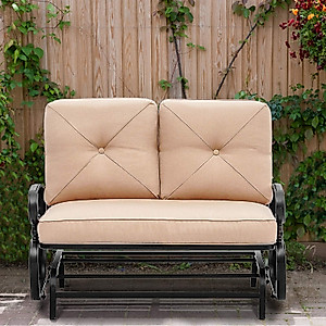 Omelaza Patio Bench, Porch Glider Outdoor Swing Glider Rocking Loveseat, Steel Frame Chair with Thick Cushion (Brown)