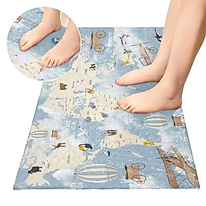 Fluffy Floor Carpet-Animals World Map Travel Theme，39x20in Front Door Mat Indoor Machine Washable Carpet,Aesthetic Rug