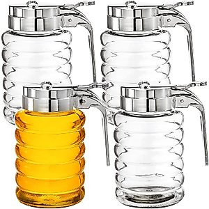 Hacaroa 4 Pack Glass Syrup Dispenser, 10 Oz Maple Syrup Pourer Container with Plastic Top, No Drip Honey Syrup Holder Dispenser Bottles for Honey, Syrup