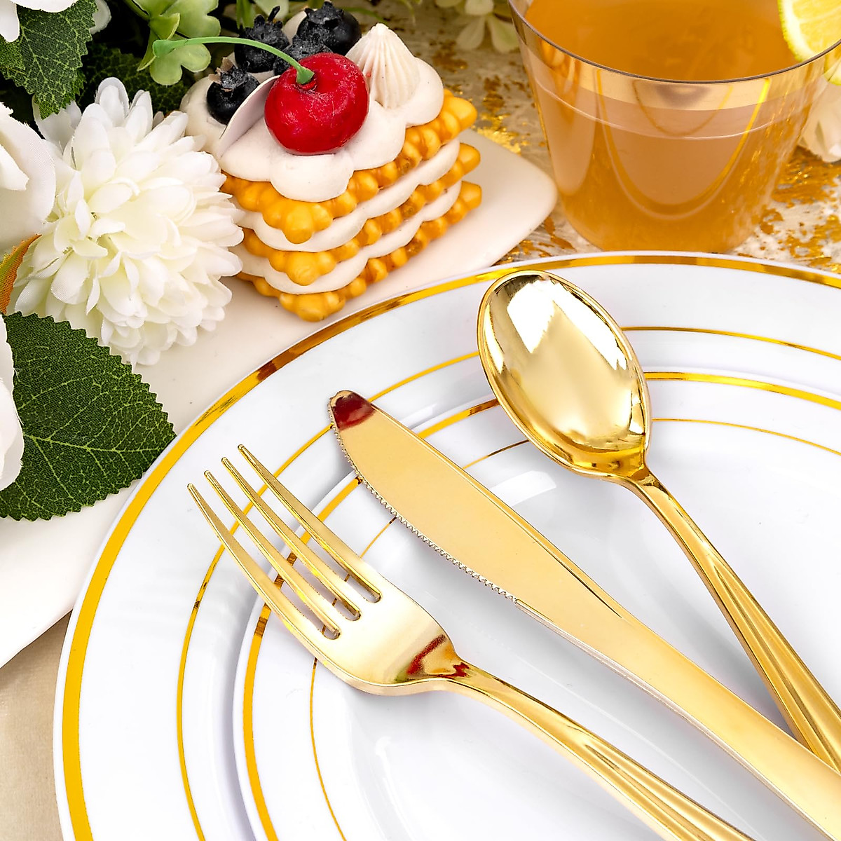 bUCLA 350PCS Gold Plastic Dinnerware Set - Gold Plastic Plates Disposable for 50 Guests Include 50 Dinner Plates,50 Dessert Plates,50 Forks,50 Knives,50 Spoons,50 Cups&50 Napkins for Party