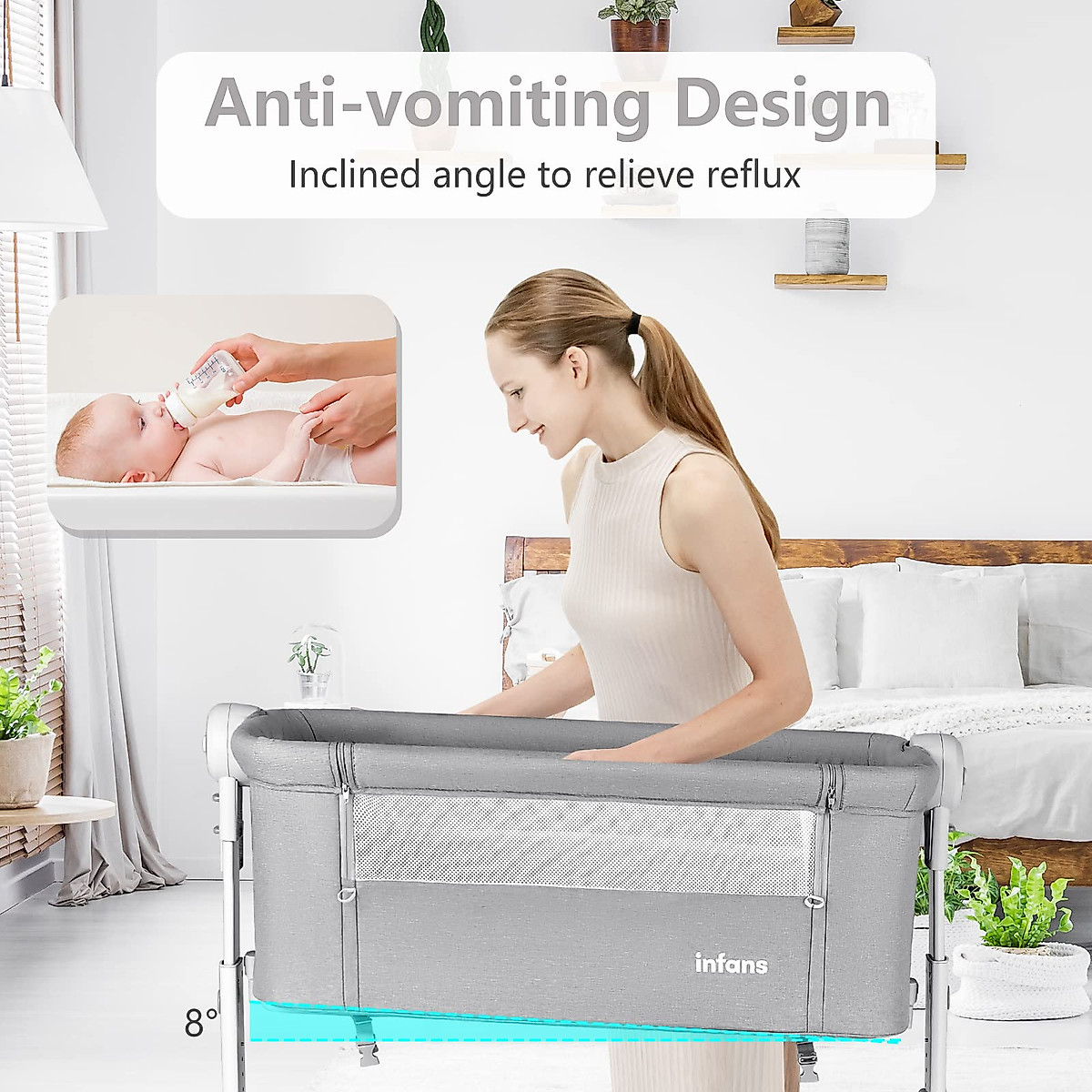 INFANS 3 in 1 Baby Bassinet, Bedside Sleeper, Rocking Cradle, Easy Folding Portable Safer Co-Sleeping Crib with Height Angle Adjustable, Wheels Storage Basket Travel Bag for Infant Newborn (Gray)