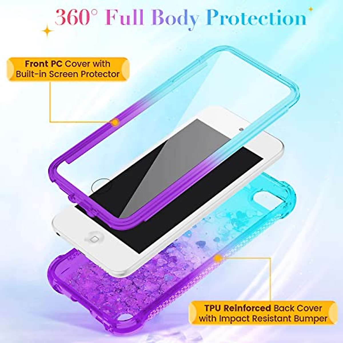 Ruky for iPod Touch 7th 6th 5th Generation Case, iPod Touch 5 6 7 Full Body Glitter Case Shockproof Protective Girls Bling Liquid Floating Case (Teal Purple)