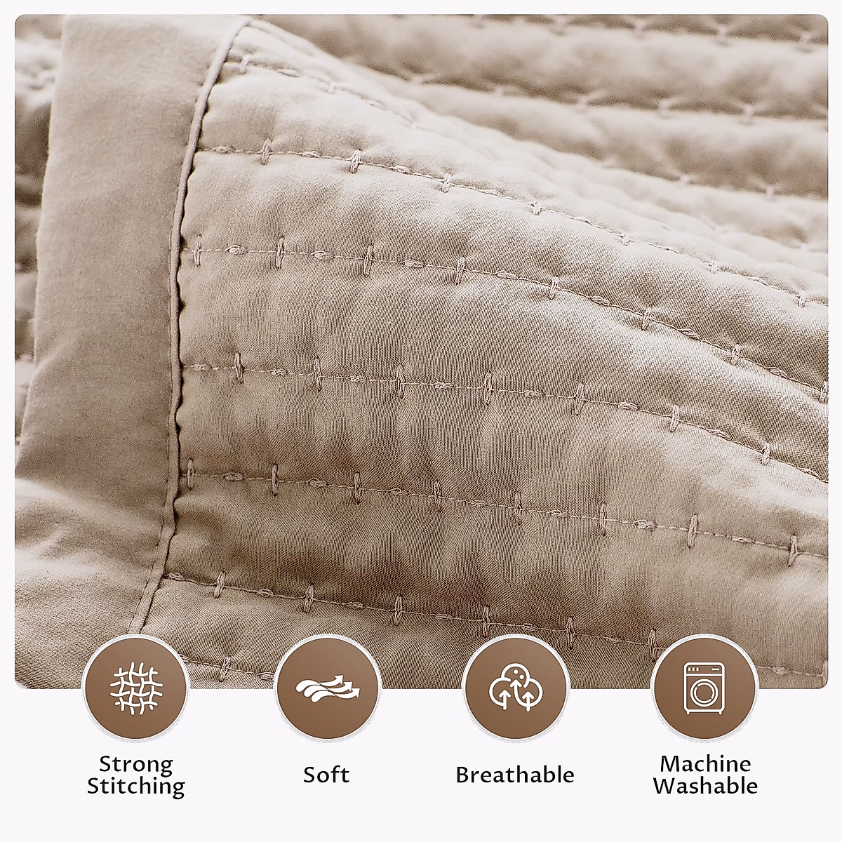 KASENTEX Quilt Mini Set-Stone Washed-Super Soft Bedspread-Light Weight-White Down Alternative Microfiber Fill-Machine Washable-Solid Colors, Twin +2 Shams, Camel