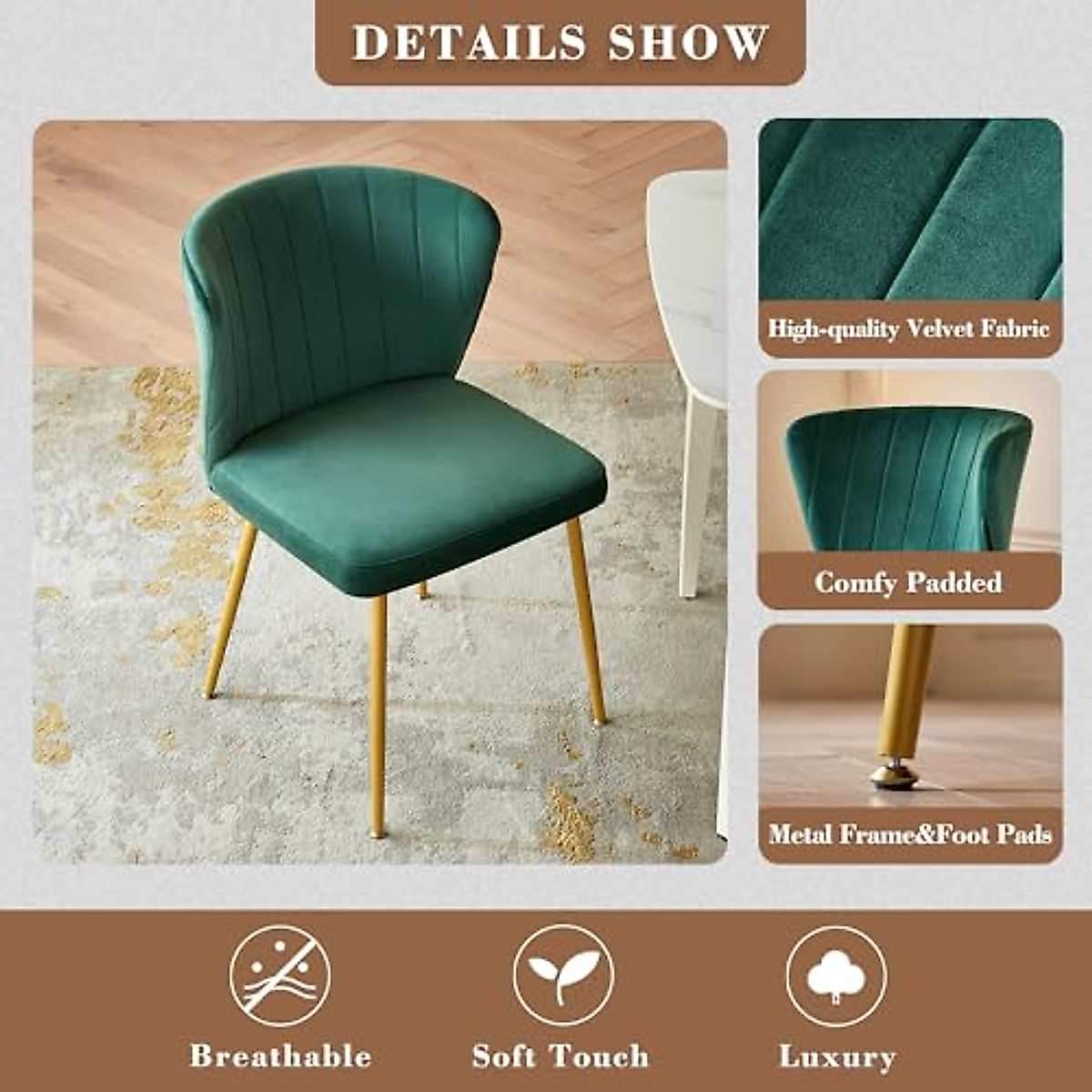 HAIZAO Modern Green Velvet Dining Chairs Set of 2, Curved Backrest Upholstered Kitchen Dining Room Chairs, Mid-Century Dining Chair with Golden Metal Legs