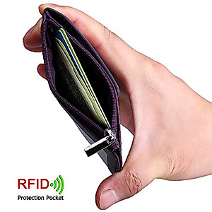 ELV Badge Holder with Zipper, PU Leather ID Badge Card Holder Wallet with 5 Card Slots, 1 Side RFID Blocking Pocket and 20 inch Neck Lanyard Strap for Offices ID, School ID, Driver Licence (Purple)