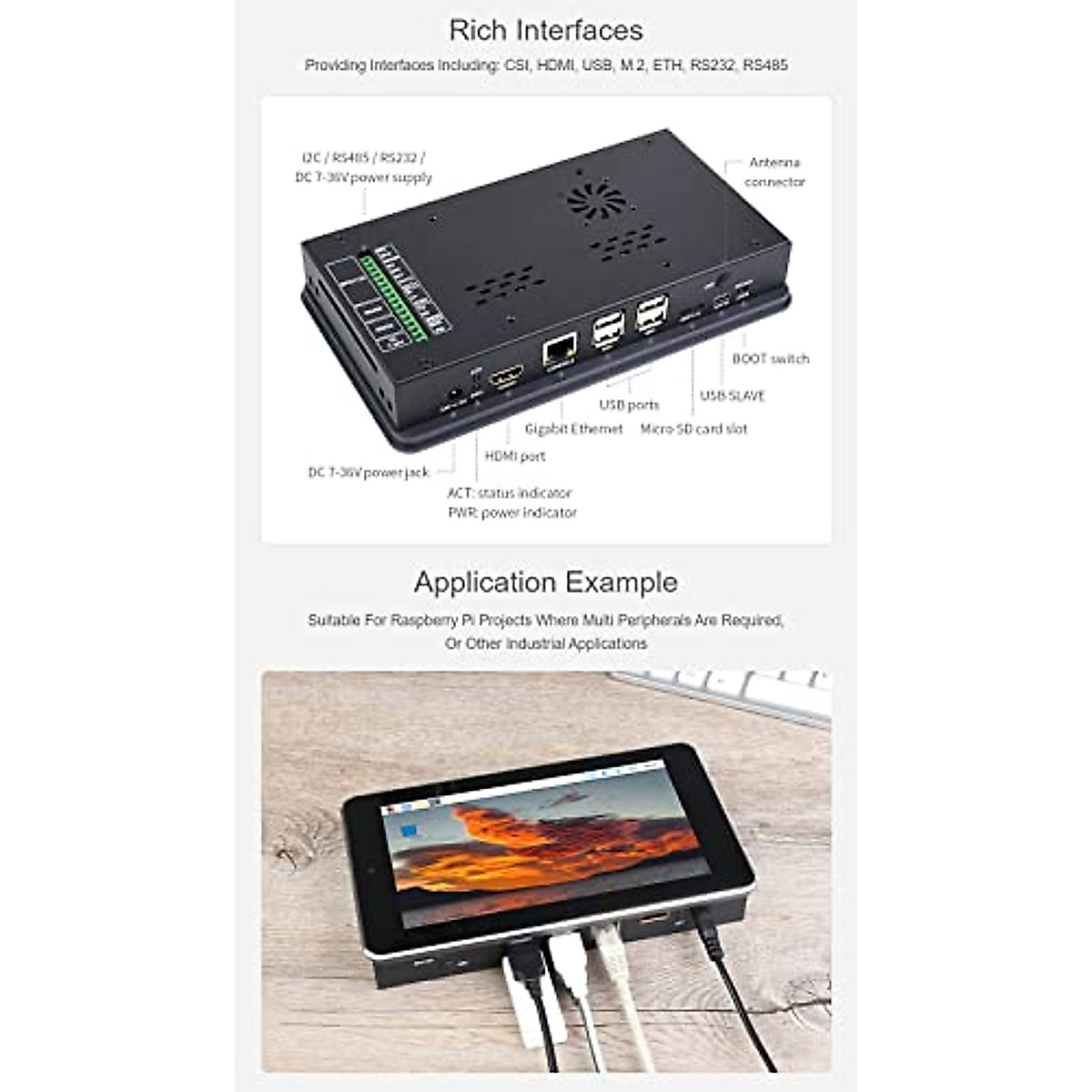 Waveshare 7inch Touch Screen All-in-One Kit Designed for Raspberry Pi CM4 with 5MP Camera Aluminum Case Includes CSI, HDMI, USB, M.2, ETH, RS232, RS485 Interfaces