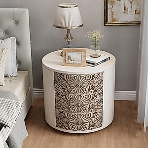 COSIEST 3 Drawer Chest of Drawers, 20 inch MDF Round Storage Cabinet, Retro Whitewash Finish Nightstand, Wood Bedside Table with Drawers for Bedroom Living Room,Light Gray