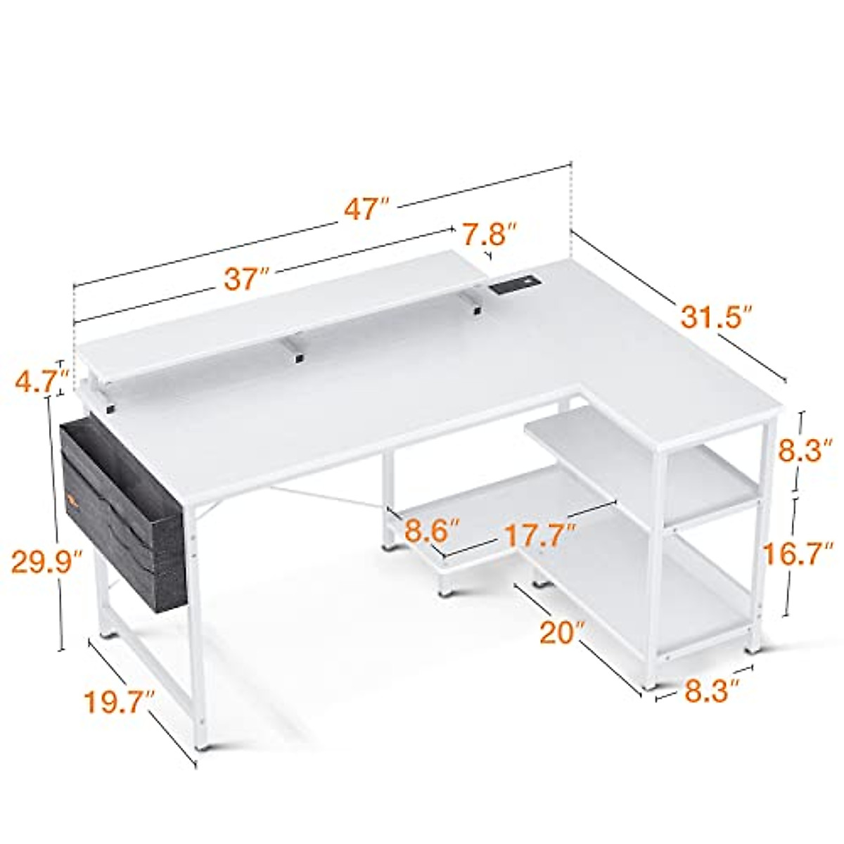 ODK L Shaped 48 Inch Computer Desk with USB Charging Port & Power Outlet, L-Shaped Corner Desk with Storage Shelves & Monitor Shelf for Home Office Workstation, Modern Writing Table, White
