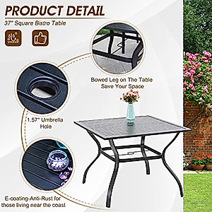 PHI VILLA 5-Piece Metal Patio Outdoor Dining Set- 37" Square Bistro Table and 4 Backyard Armrest Chairs, Table with 1.57" Umbrella Hole for Patio, Deck