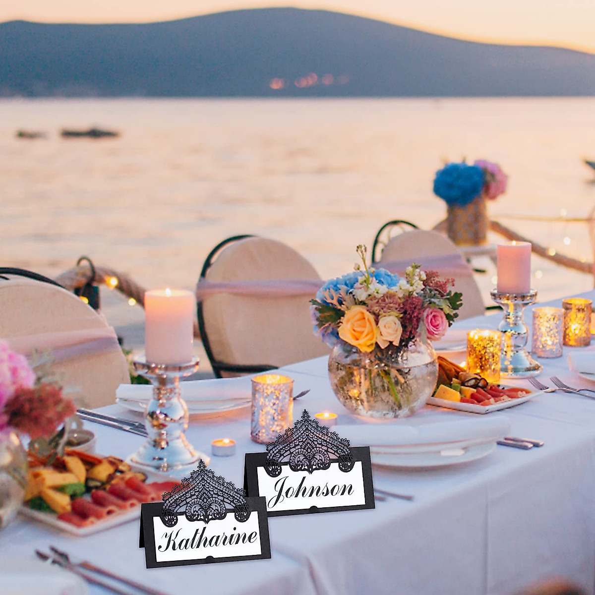 50 Pcs Laser Cut Wedding Place Cards Tented Name Card Folded Cards Blank Cardstock for Wedding, Banquet tables,Table Setting, Buffet, Baby Shower, Bridal Shower (Black)