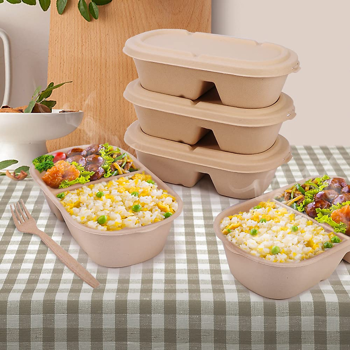 50Pcs Disposable Bowls with Lids and Forks,2 Compartment Paper Pulp Compostable Food Storage Container,Biodegradable Disposable Bowls Leakproof and Microwave Safe,for Hot/Cold Use