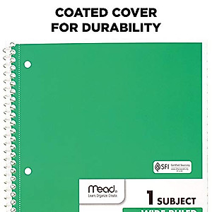 Mead Spiral Notebooks, 1 Subject, Wide Ruled Paper, 70 Sheets, 10-1/2 x 7-1/2 inches, Green, 4 Pack (38300)