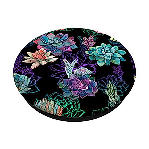 Black Base Succulent Teal Purple Plants Pattern PopSockets PopGrip: Swappable Grip for Phones & Tablets