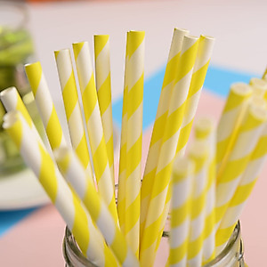 YAOSHENG Paper Straws for drinking, 100 Pack Yellow Striped paper straws for Party Supplies,Birthday,Wedding,Bridal/Baby Shower,Juice, shakes,Smoothies,cocktail