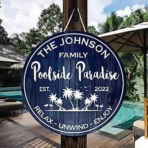 V VIBEPY Personalized Poolside Paradise Signs, Relax Unwind Enjoy Wood Signs 8",12", 18" - Pool Signs, Poolside Signs, Backyard Signs, Welcome Signs, Wooden Signs, Outdoor Signs, Yard Signs, Summer Signs