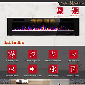 Sophia & William Electric Fireplace 72 Inch Wall Mounted & Recessed, Ultrathin 3.86" Electric Heater with Remote Control Touch Screen Noiseless, Fit for 2 x 4 & 2 x 6 Stud, Flame Color Adjustable