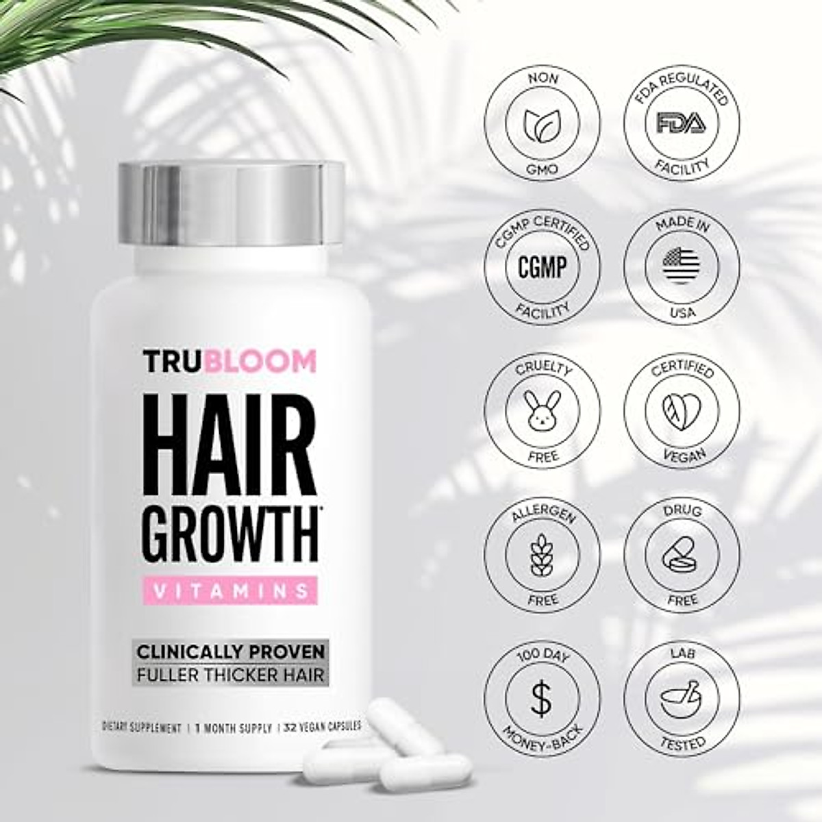 Tru Bloom Hair Growth Vitamins - 1 Month Supply. Clinically Proven for Fuller, Thicker Hair. Natural & Drug-Free. Ultimate Hair Vitamins for Proven Results