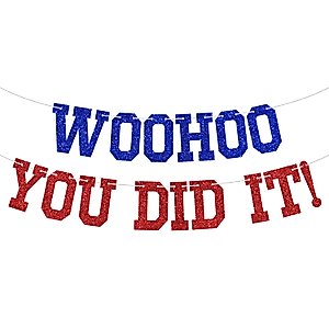 Woohoo You Did It Banner - Congrats Grad Sign, So Proud of You, 2025 High School/College Graduation Party Decorations Supplies, Blue and Red Glitter
