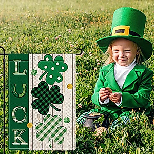 YOVOYOA St Patricks Day Garden Flag, 12.5 x 18 Inch Double Sided Green Shamrock Clover Spring Flag, Rustic Luck Shamrock Buffalo Plaid Flag for Yard Patio Outdoor Farmhouse Decor