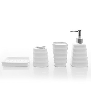 MyGift Ceramic White Bathroom Accessory Set with Ribbed Design, Includes Toothbrush Holder, Tumbler, Soap Dish and Dispenser