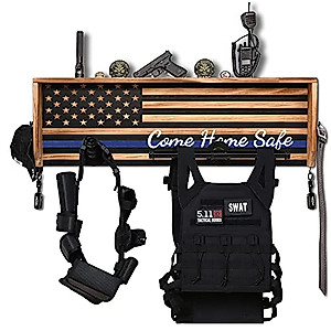PINKBlUE Personalized Customization Wall Mounted Tactical Duty Gear Rack with Police Flag – Police Storage Shelf & Law Enforcement Organizer-Police Gift Decor (Wood Color)