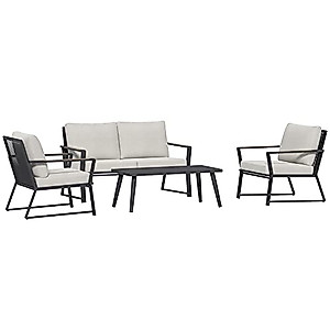 Outsunny 4 Piece Patio Furniture Set, Aluminum Conversation Set, Outdoor Garden Sofa Set with Armchairs, Loveseat, Center Coffee Table and Cushions, Cream White