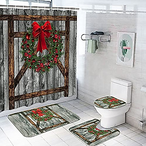 Likiyol 4 Pcs Christmas Wooden Door Shower Curtain Sets with Non-Slip Rugs, Toilet Lid Cover, Bath Mat and 12 Hooks, Christmas Bow Knot with Pine Cone Shower Curtain Christmas Bathroom Set