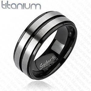 TIR-0037 Solid Titanium Brushed Double Stripe Center Higly Polished Edge Band Ring; 8mm Width; Comes with Free Gift Box (10)