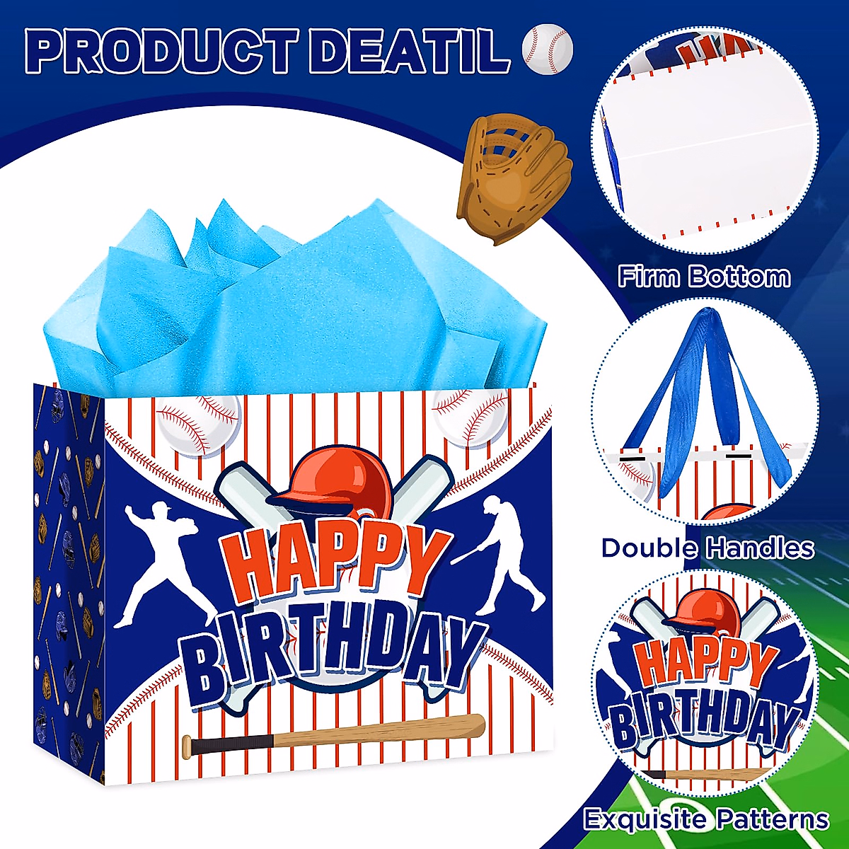 RUMIA Baseball Birthday Gift Bag with Tissue Paper Greeting Card Baseball Happy Birthday Gift Wrap Bag with Handle for Boys Kids Teens Christmas Holiday Sport Themed Baseball Birthday Party Supplies