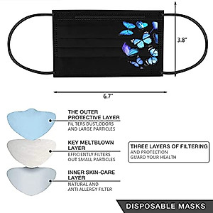 YUGYUJ 50Pcs Black Face Mask Adult Breathable Mask Butterfly Protective 3Ply Earloop Face Mask for Men Women (50pcs Butterfly Mask)