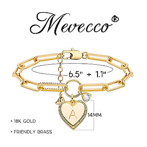 MEVECCO Gold Paperclip Bracelet, 18K Gold Plated Heart Initial Oval link Bracelet Dainty Handmade Letter Charm Bracelet for Women Jewelry