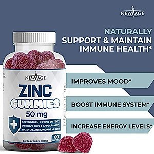 Zinc Gummies - 2 Pack - 50mg High Potency Immune Booster Zinc Supplement, Immune Defense, Powerful Natural Antioxidant, Non-GMO - by New Age, 120 Count