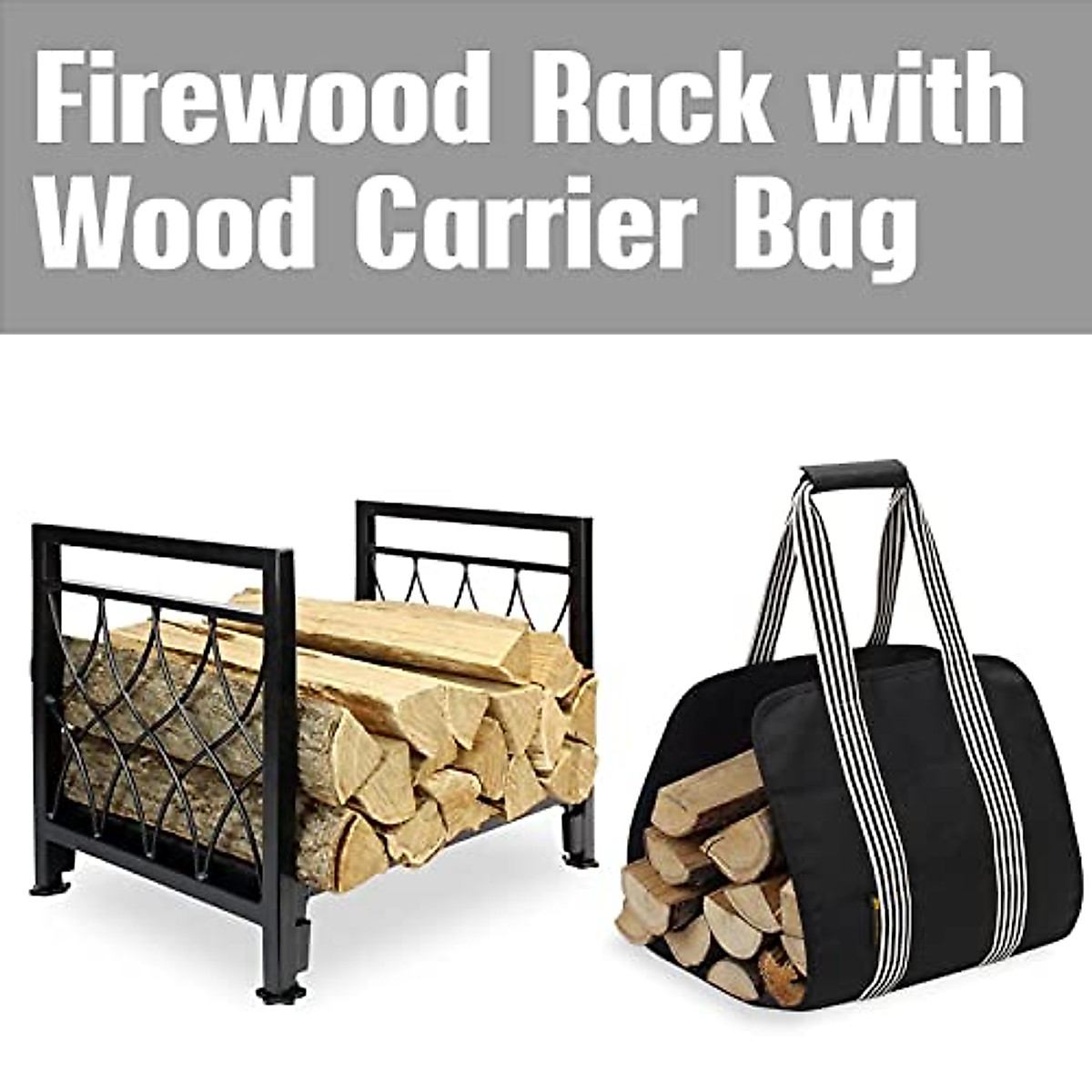 MYFIREPLACEDIRECT Firewood Rack with Log Bag Fireplace Log Holder Indoor Outdoor Wood Storage Log Rack Decorative Heavy Duty Steel Firewood Carrier Stove Bracket Stacking Rack