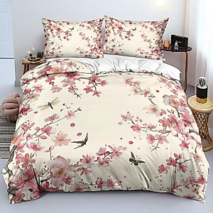 CCoutueChen Japanese Cherry Blossoms Duvet Cover Set King Size Pastel Pink Floral Comforter Bedding Set Nature Duvet Covers for Girls Women Adults Exquisite Flowers Duvet Cover with 2 Pillowcases