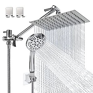 Rain Shower Head with Handheld, Lanhado 8'' High Pressure Rainfall Shower Head with 11'' Extension Arm, 9 Settings Handheld Shower Heads with Holder & Hose, Anti-leak Waterfall Showerhead, Chrome