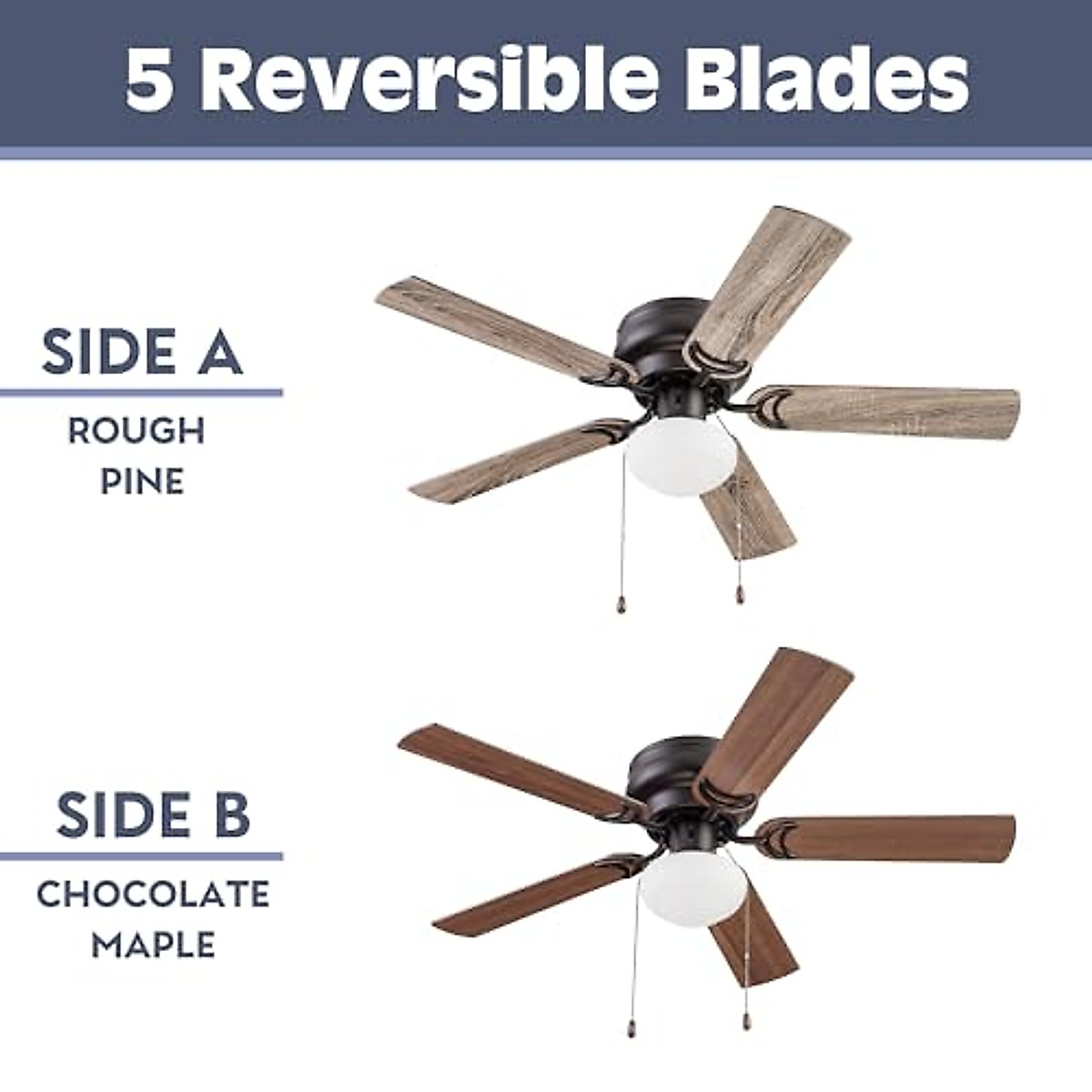 Prominence Home Alvina Traditional 44 Inch Ceiling Fan with Light, LED Flush Mount Ceiling Fan, Indoor Fan with 5 Blades, Gray Pine and Maple Brown Blade Finish Options, Bronze (51584-01)