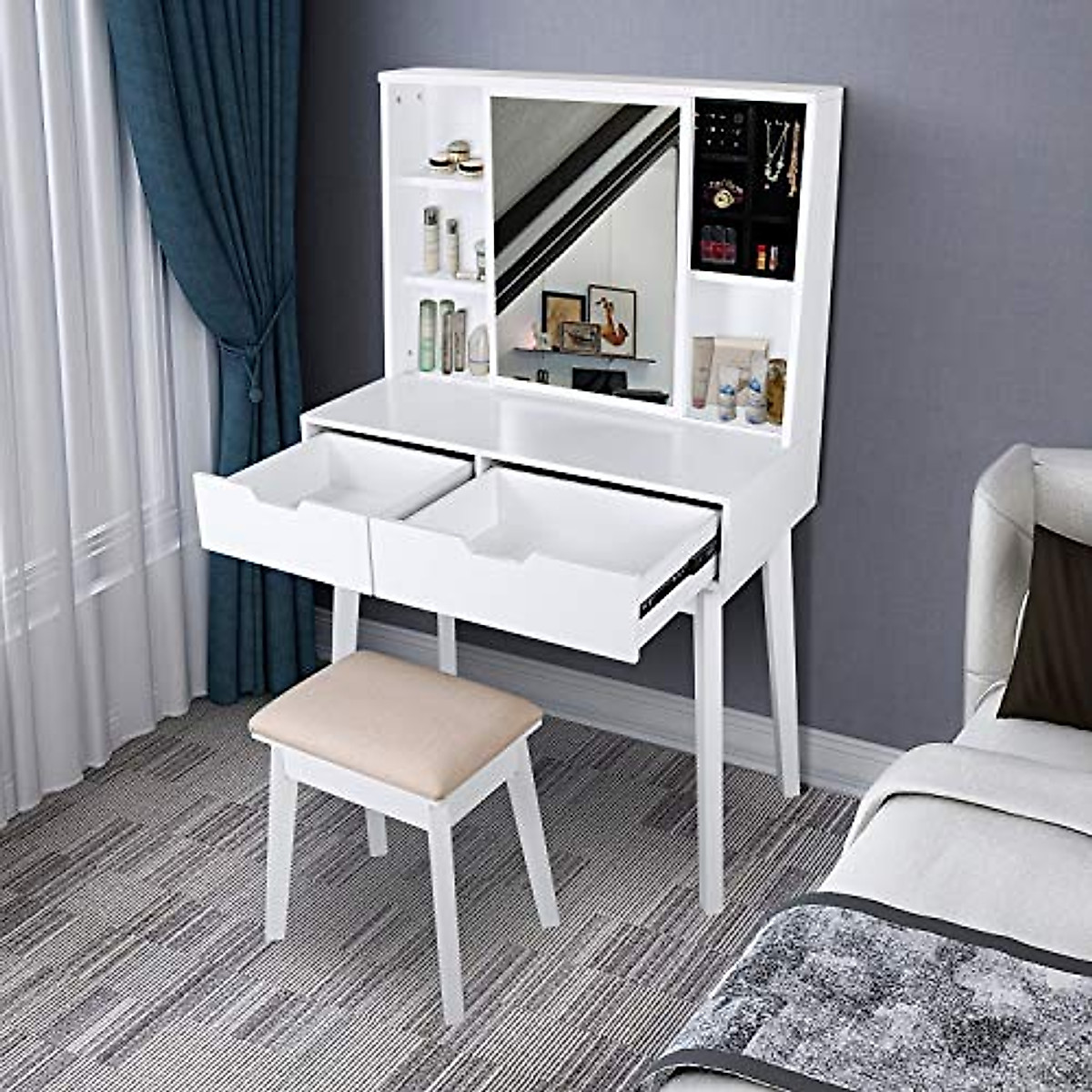 LYNSLIM Vanity Desk, Makeup Vanity with Mirror & LED Lights，Makeup Vanity Table with 2 Drawers & 4 Storage，Small Vanity Set Storage Stool for Dressing Bedroom (White, Extra)