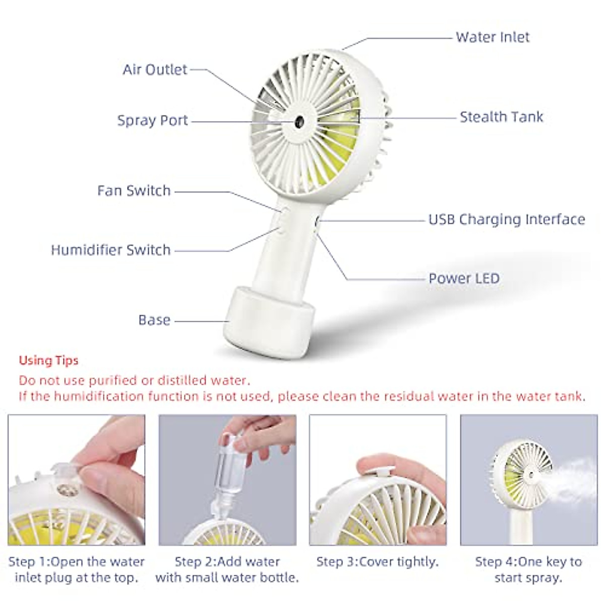 Portable Misting Fan, Handheld Personal Mist Fan, Battery Operated Rechargeable Mini Mister Fan 2500 mAh with Water Spray, Small Cooling Up to 7.8h for Travel, Desk, Camping