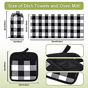 7 Pieces Buffalo Check Dish Towels Pot Holders Oven Mitts Set Cotton Plaid Kitchen Dish Towels Non-Slip Heat Resistant Oven Mitts and Pot Holders for Cooking Baking Grilling Supply (Black with White)