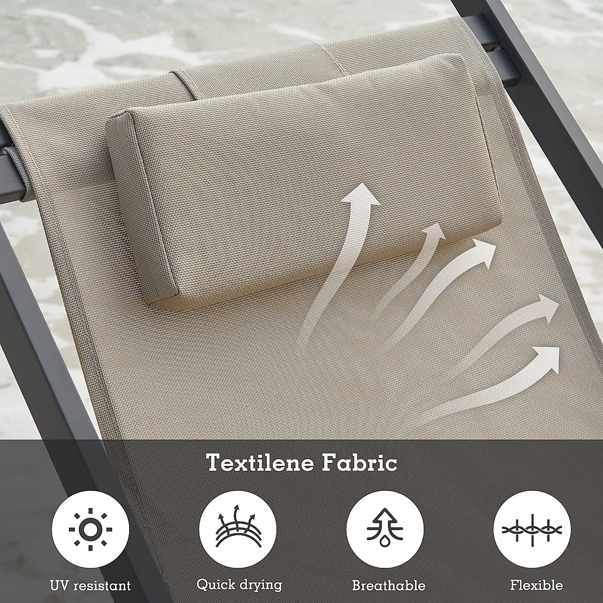 RICNOD Outdoor Sling Chairs Set of 2 Portable Folding Aluminum Reclining Lounge Chairs Adjustable Patio Deck Chairs with Headrest, 2 Folding Stools, Beige