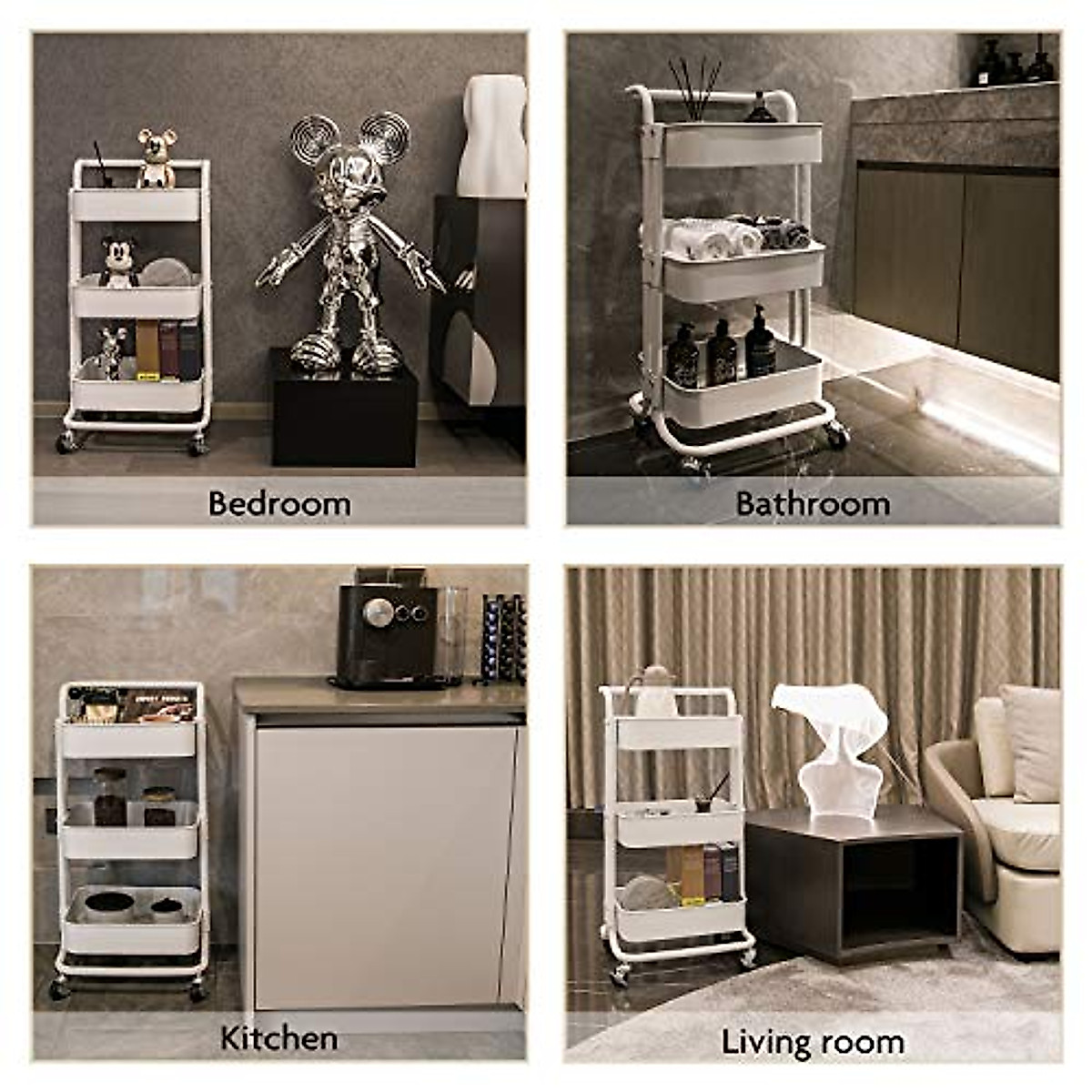 elabo 3-Tier Metal Rolling Utility Cart with 2 Lockable Wheels Storage Organizer Shelf for Kitchen, Bedroom, Bathroom, Office, Living Room