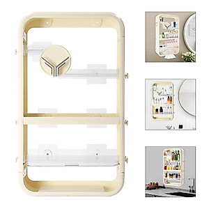 HOLMZCED Wall Storage Rack with Open Storage, Floating Cosmetics Rack with Large Capacity Wall Mounted Storage Shelf with Tissue Hole 4 Tiers Makeup Organizer with Hooks Beige for Bathroom Bedroom